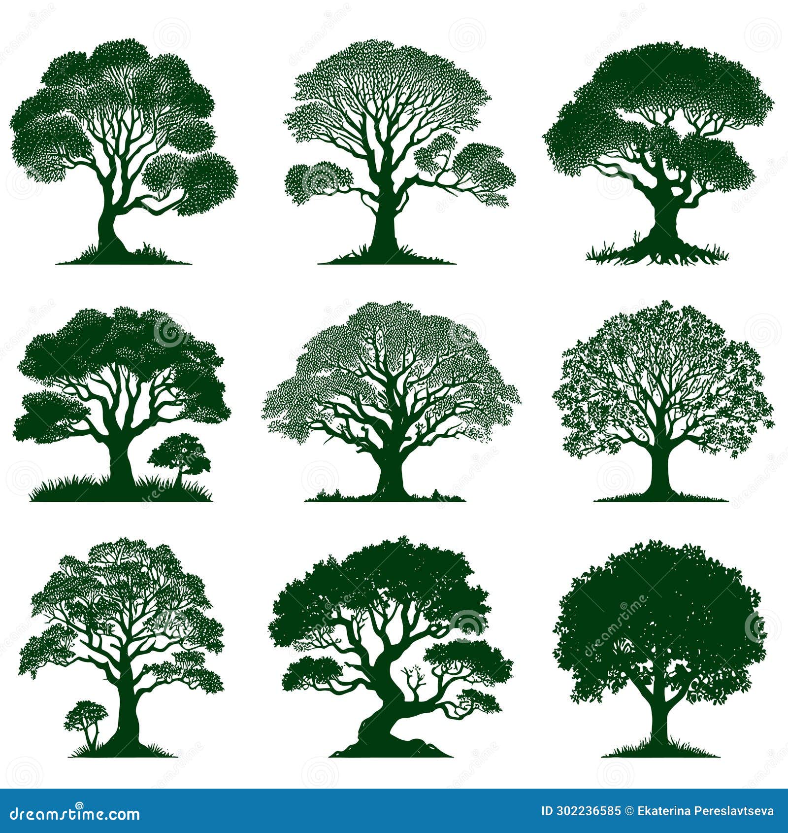 Silhouette Tree Drawing Set, Side View, Sketch Set of Graphics Trees ...