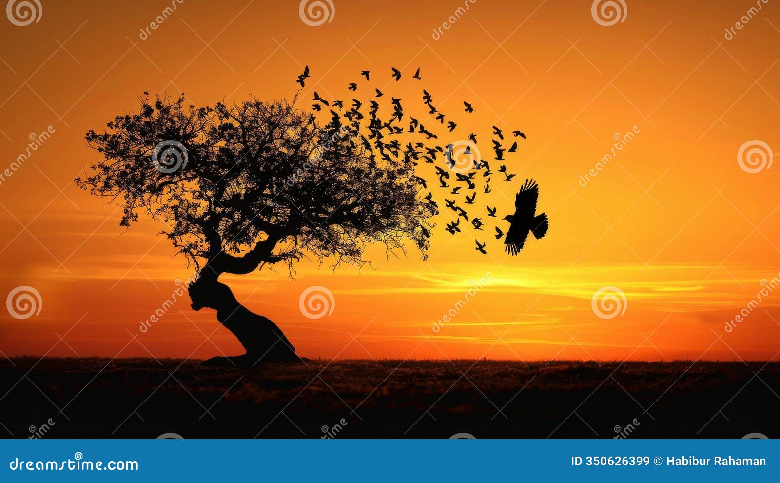 Silhouette of a Tree with Flying Birds at Sunset Stock Illustration ...