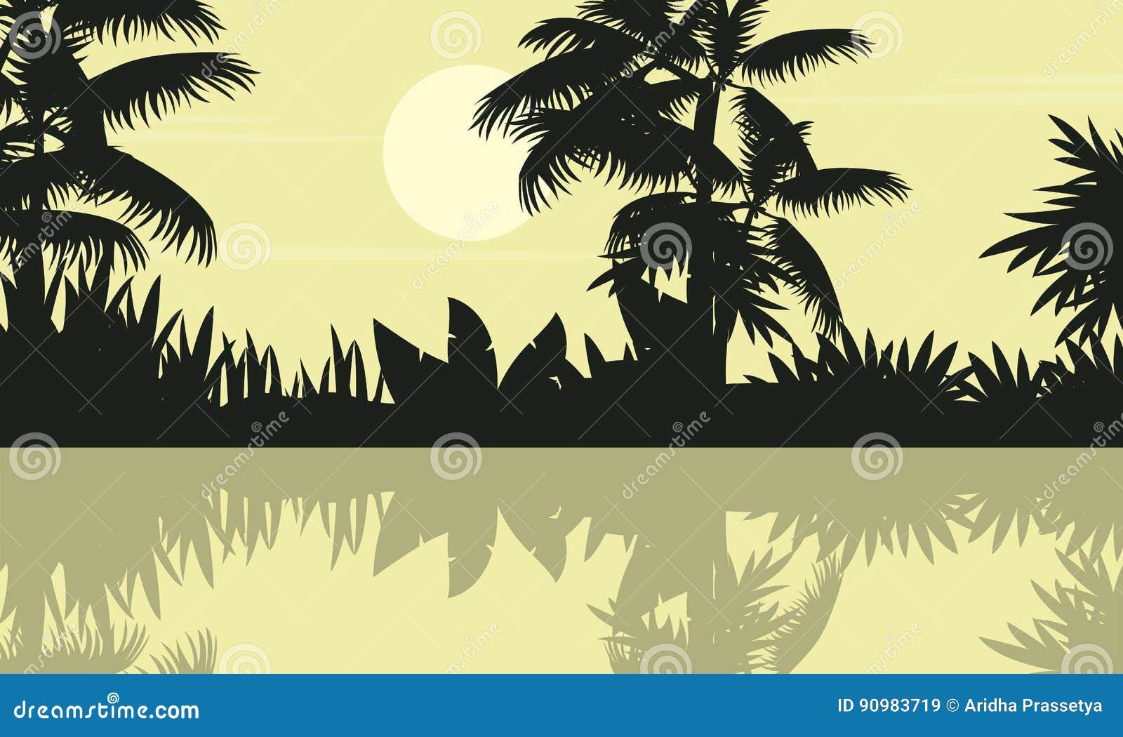 Silhouette of Tree with Lake on Forest Scenery Stock Vector ...