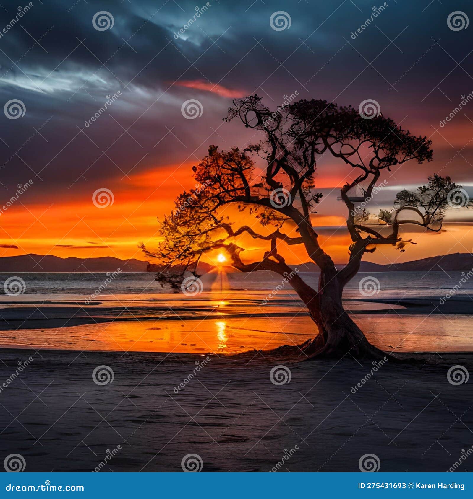 Silhouette of a Tree by a Lake at Sunset Stock Illustration ...