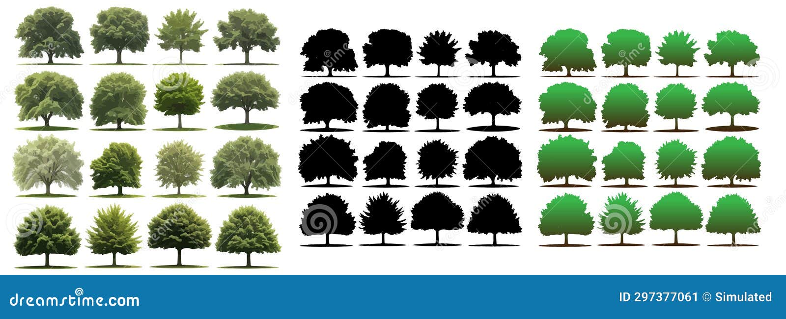 Silhouette Tree Line Drawing Set, Trees Elements Outline Symbol for ...