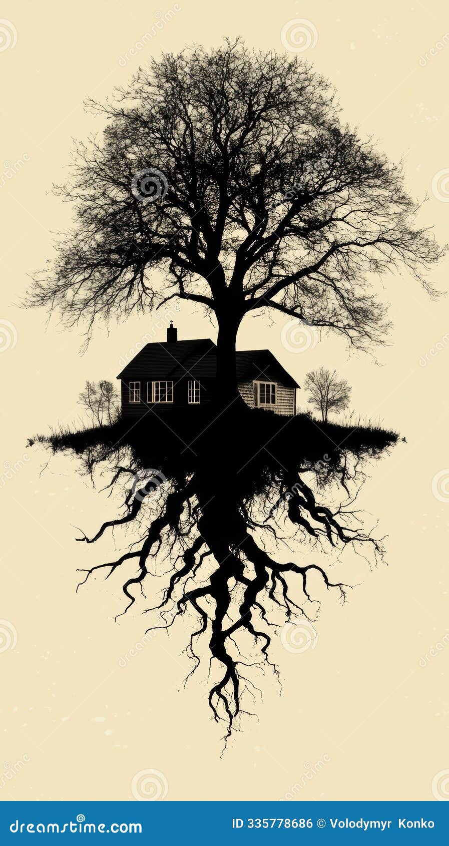Silhouette of a Tree with Roots Above a House Stock Photo - Image of ...