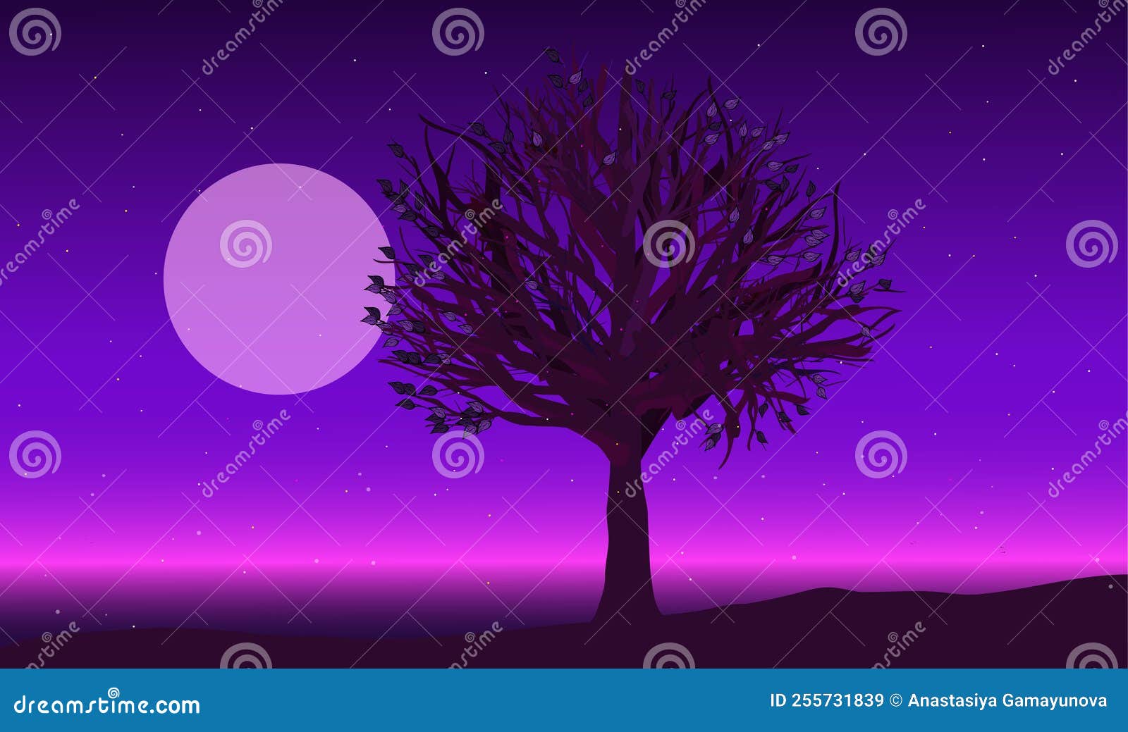 Silhouette of a Tree on a Slope in the Evening Starlight Stock Vector ...