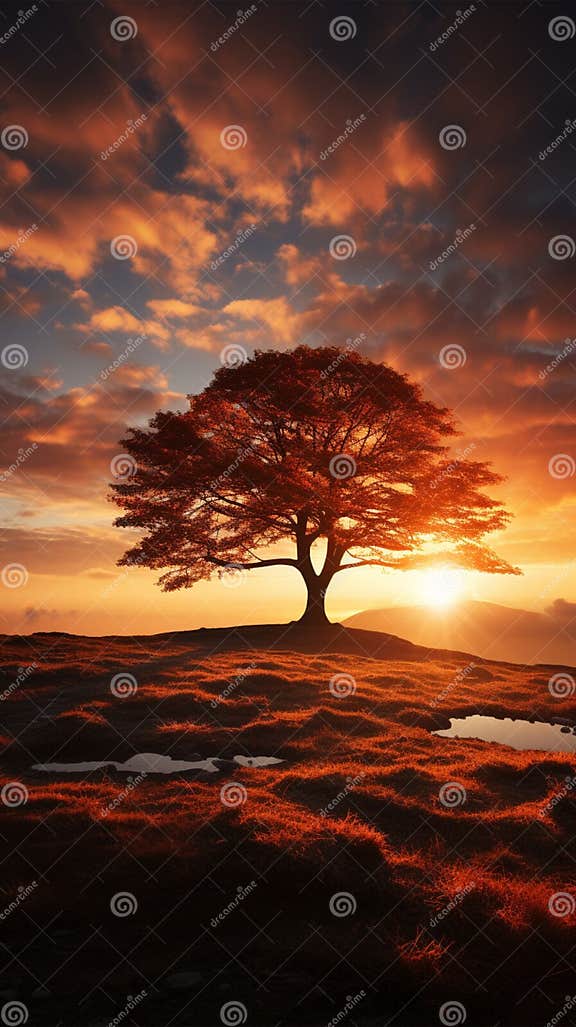 Silhouette of a Tree with Sun Rays in the Background Stock Illustration ...