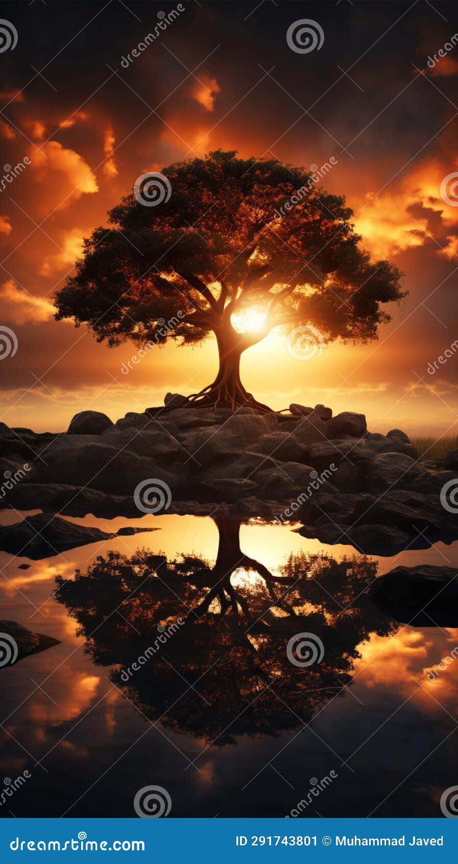 Silhouette of a Tree with Sun Rays in the Background Stock Illustration ...