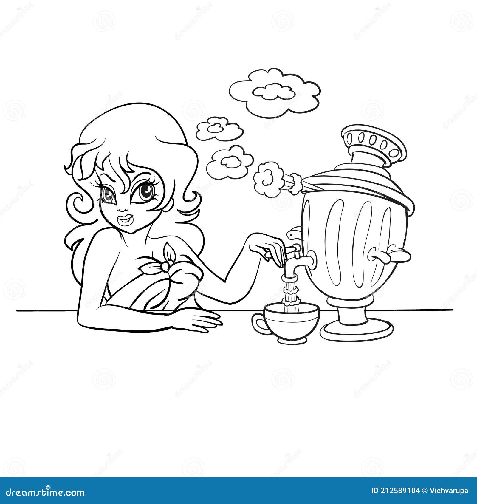 Sketch of a Girl Drinking Tea from a Samovar, Cartoon Illustration ...