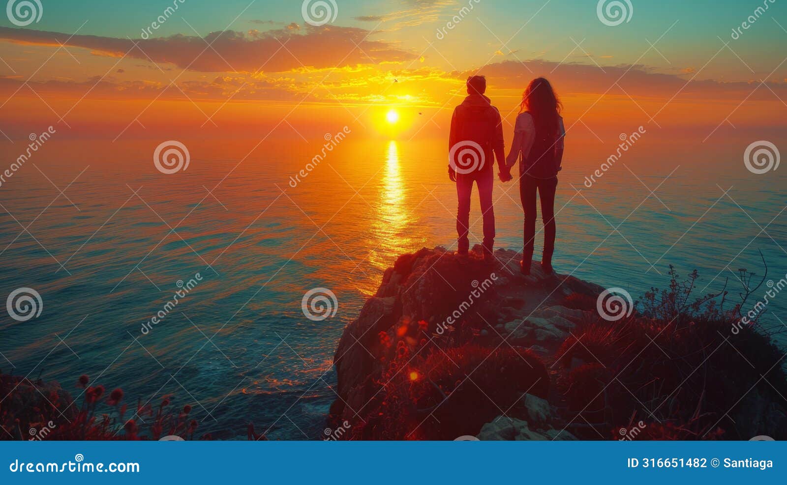 Silhouette of Two Hikers People Holding Hands on Edge of Ocean Cliff ...