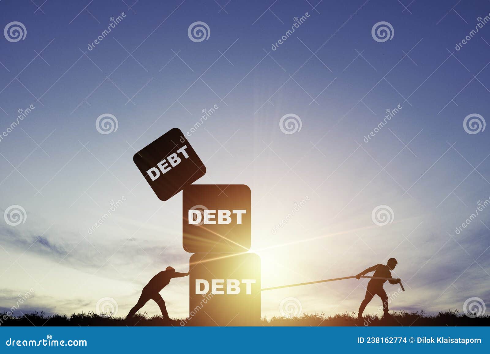 Silhouette of Two Men Pushing and Pulling Debt Weight Boxes Stacking ...