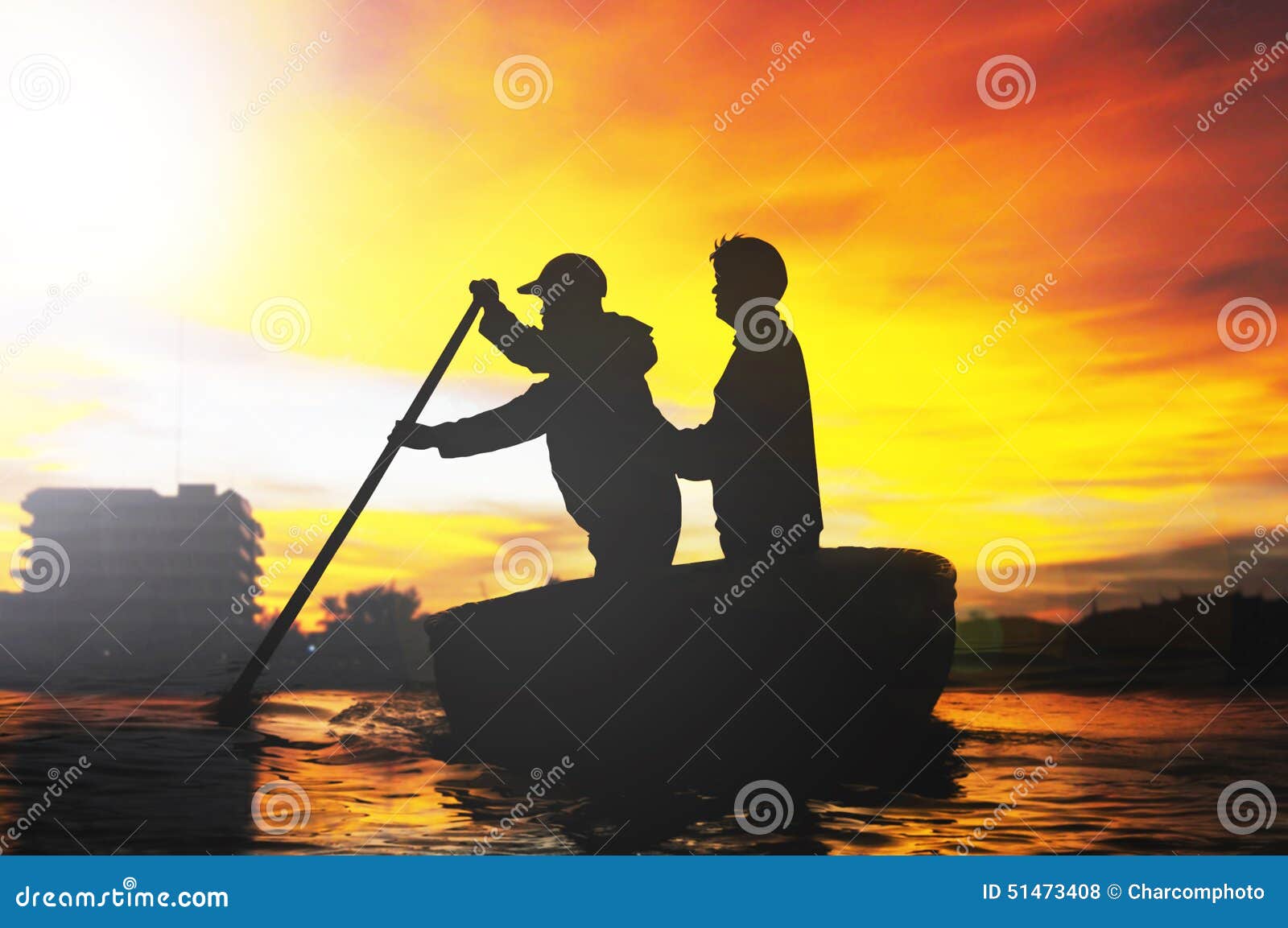 Silhouette Of Man Rowing On The River With Kayak. Sunset. Stock Photo ...