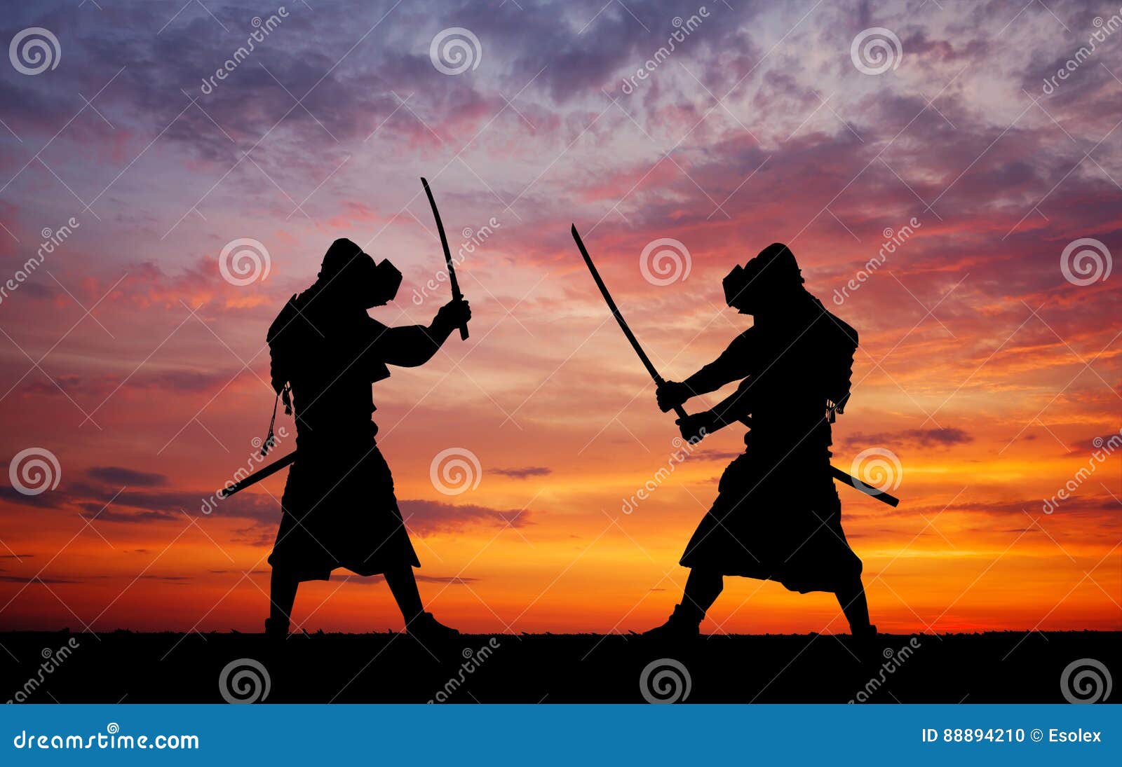 Silhouette Of Two Samurais In Duel. Picture With Two Samurais And ...