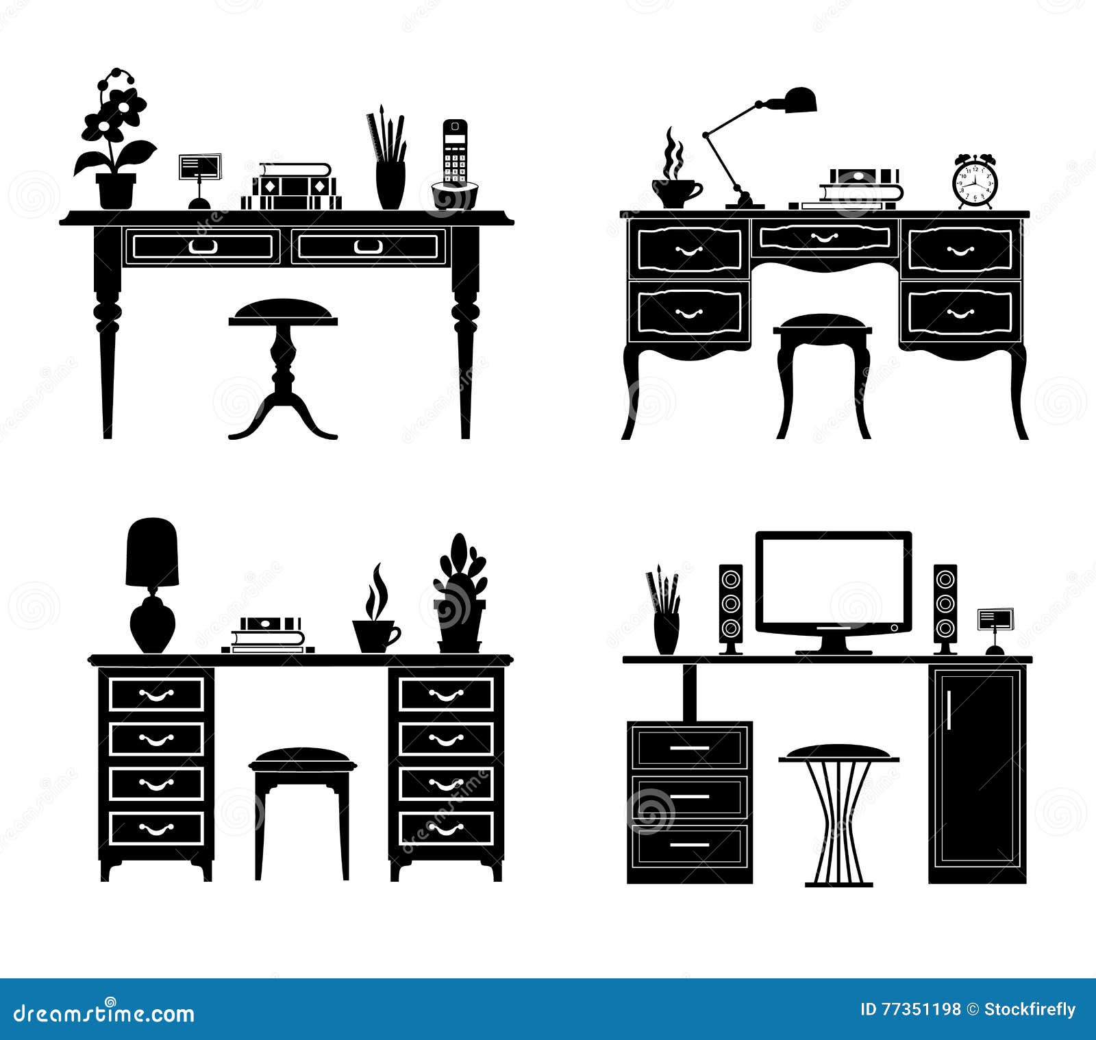 Silhouette of Vector Desktops. Stock Vector - Illustration of interior ...
