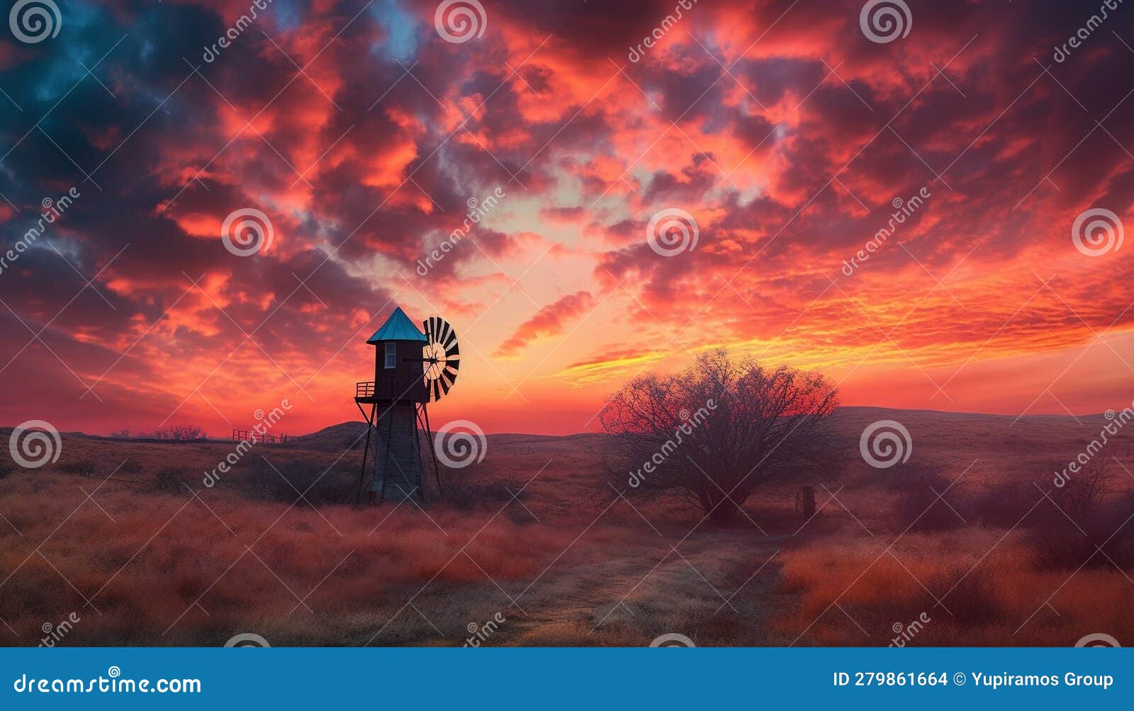 Silhouette of Windmill Against Orange Sunset in Tranquil Rural Scene ...