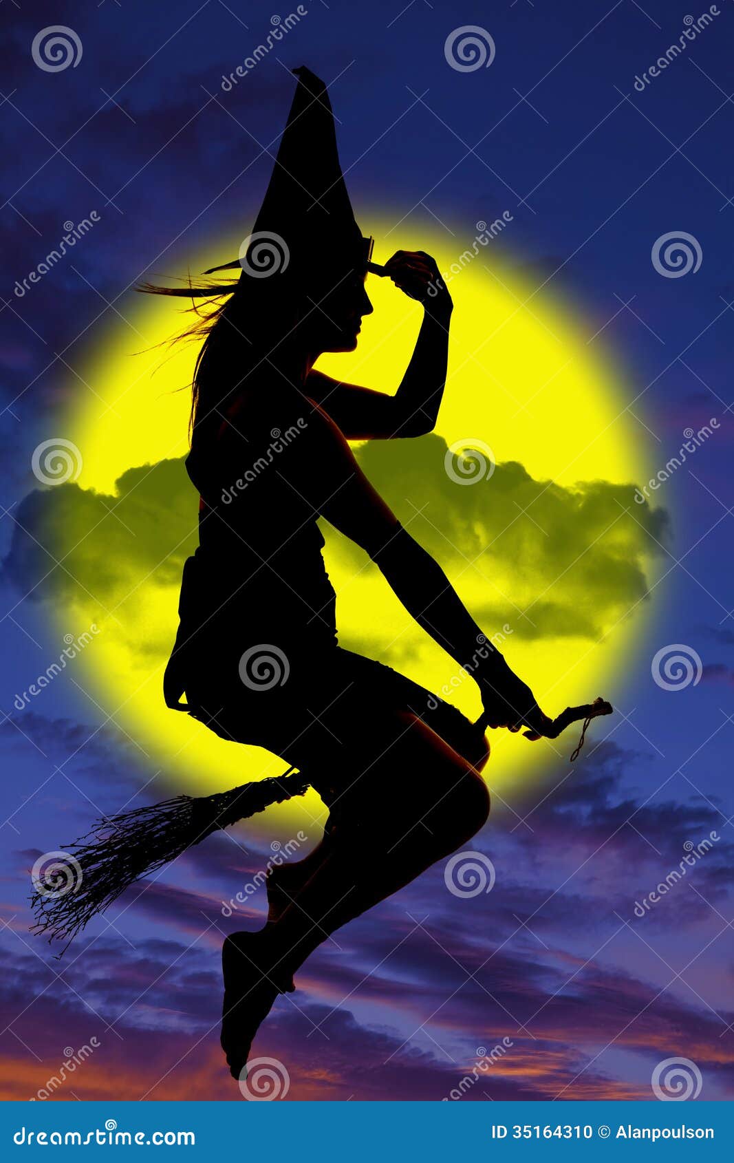 Silhouette Of Witch Flying With Broomstick Stock Photo | CartoonDealer ...