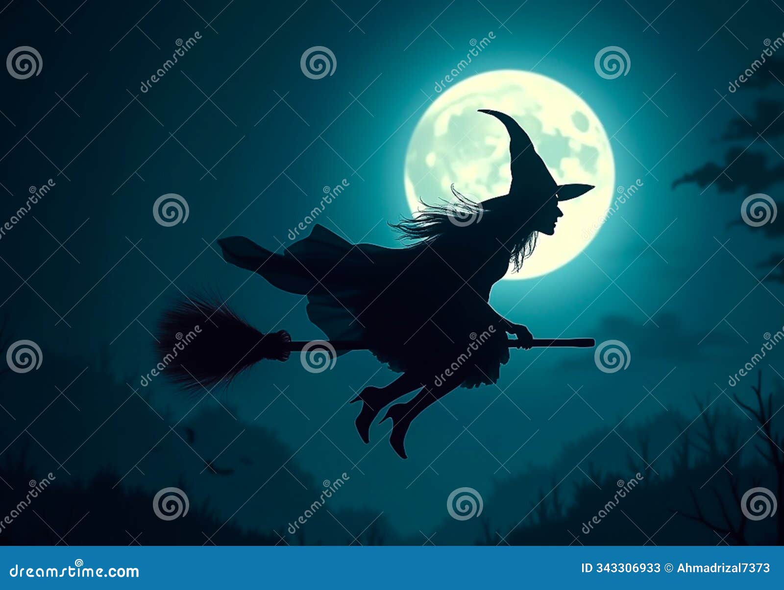 Silhouette of a Witch Flying in the Light of the Full Moon with Forest ...