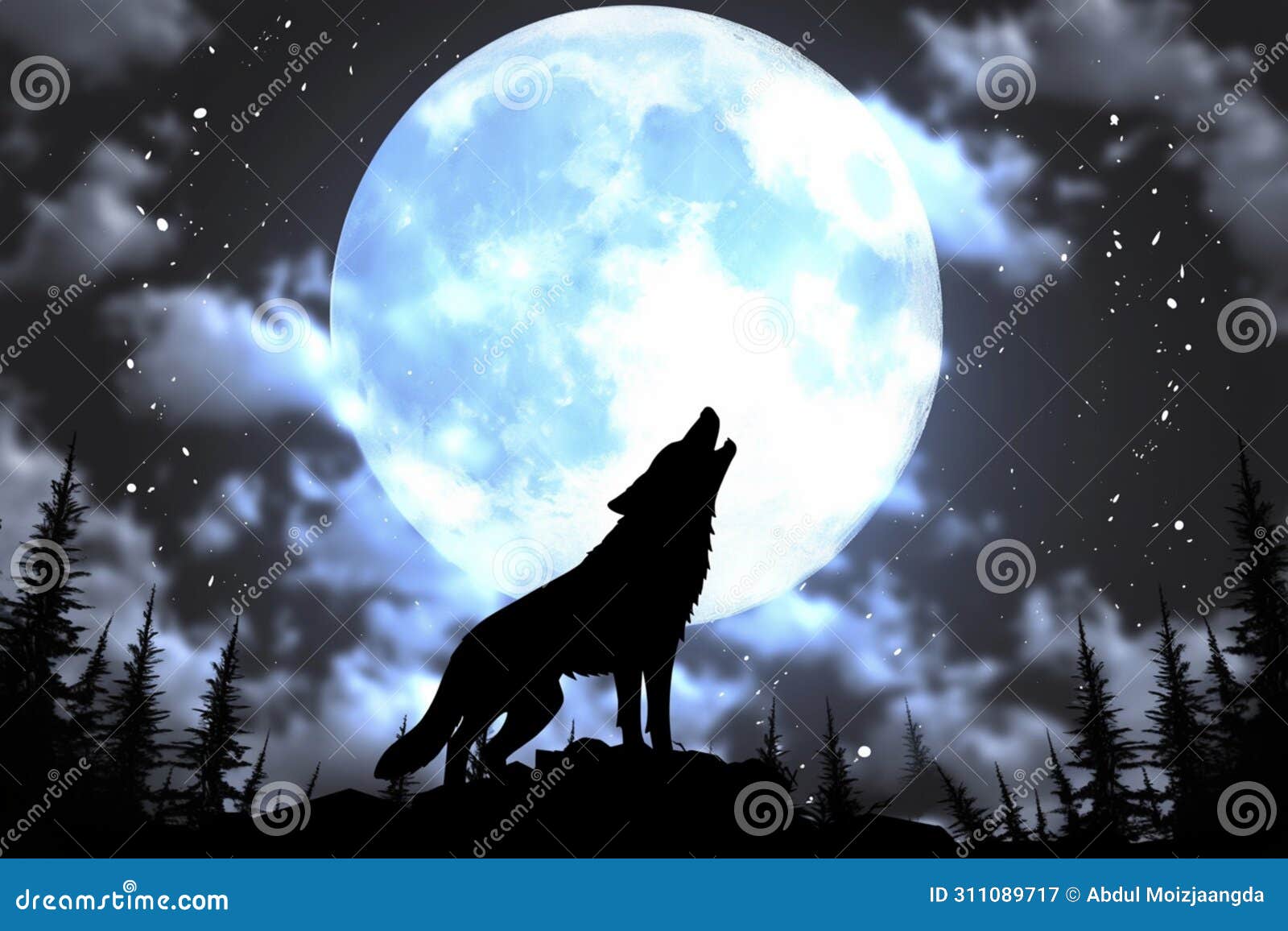 Silhouette Wolf Howling at the Moon in Forest Stock Illustration ...