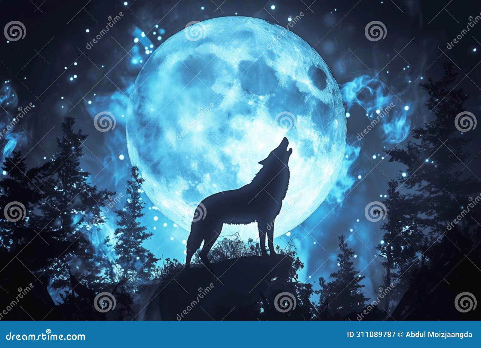 Silhouette Wolf Howling at the Moon in Forest Stock Illustration ...