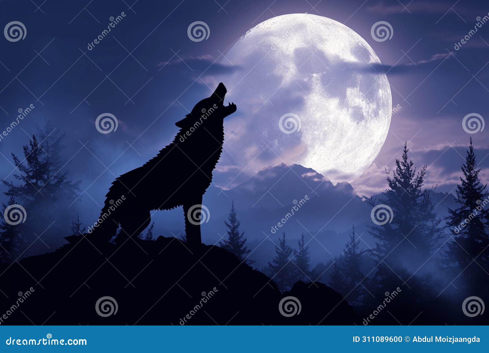 Silhouette Wolf Howling at the Moon in Forest Stock Illustration ...