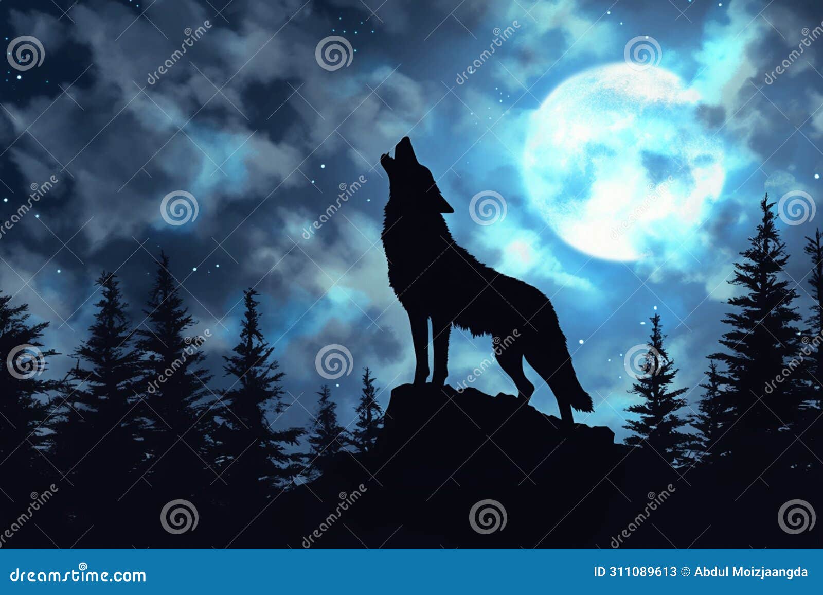 Silhouette Wolf Howling at the Moon in Forest Stock Illustration ...