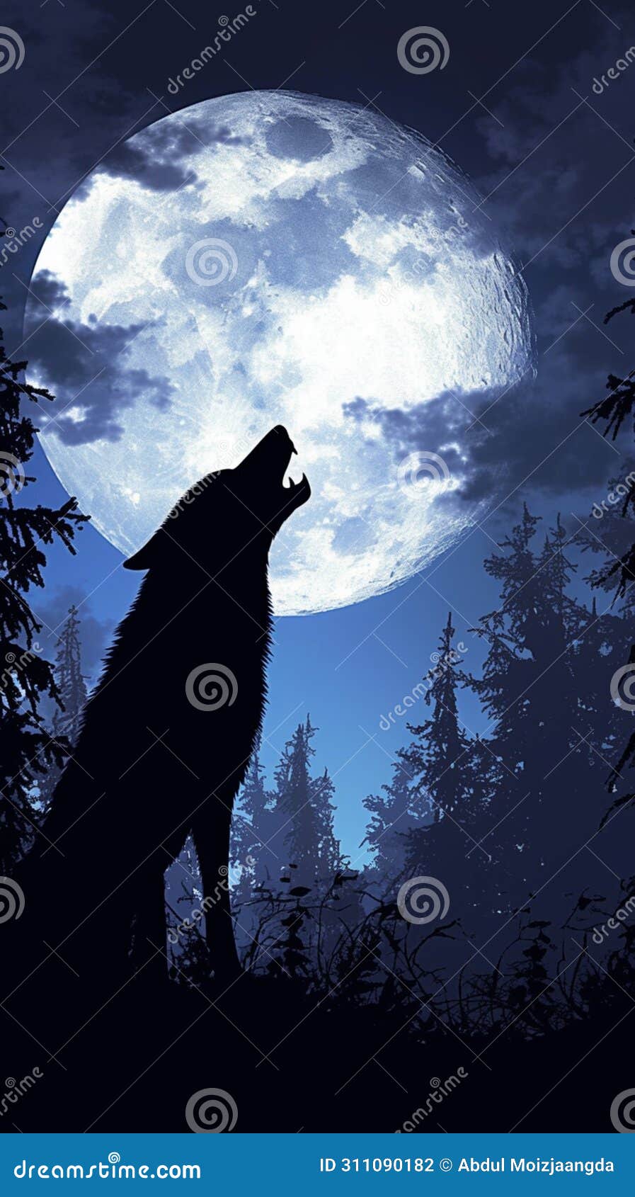 Silhouette Wolf Howling at the Moon in Forest Stock Illustration ...