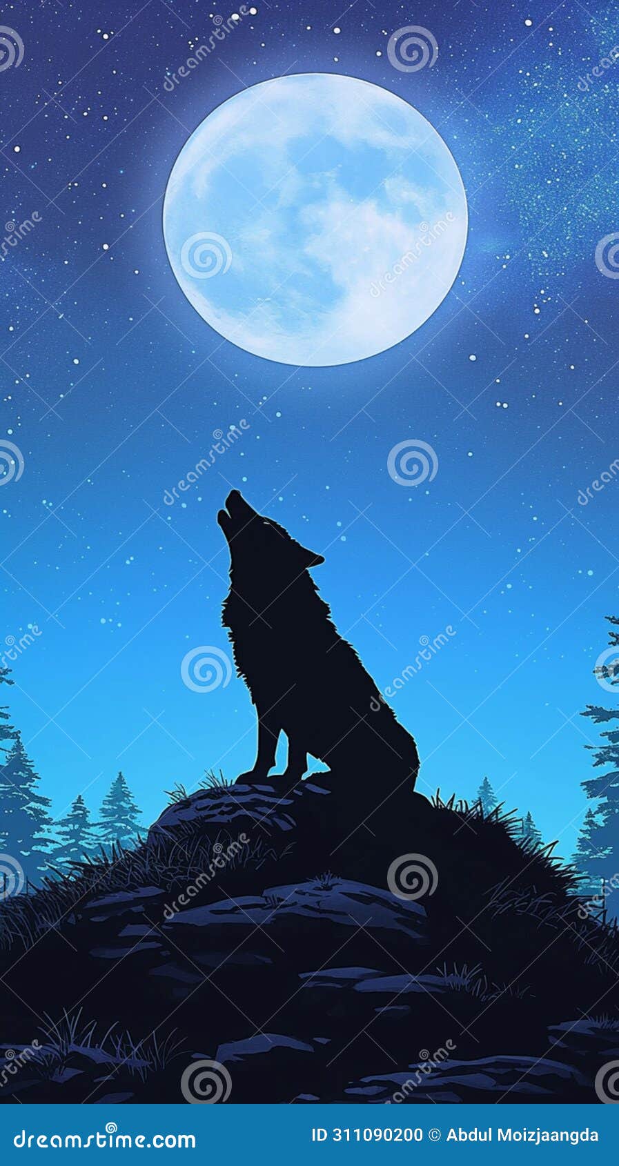 Silhouette Wolf Howling at the Moon in Forest Stock Illustration ...