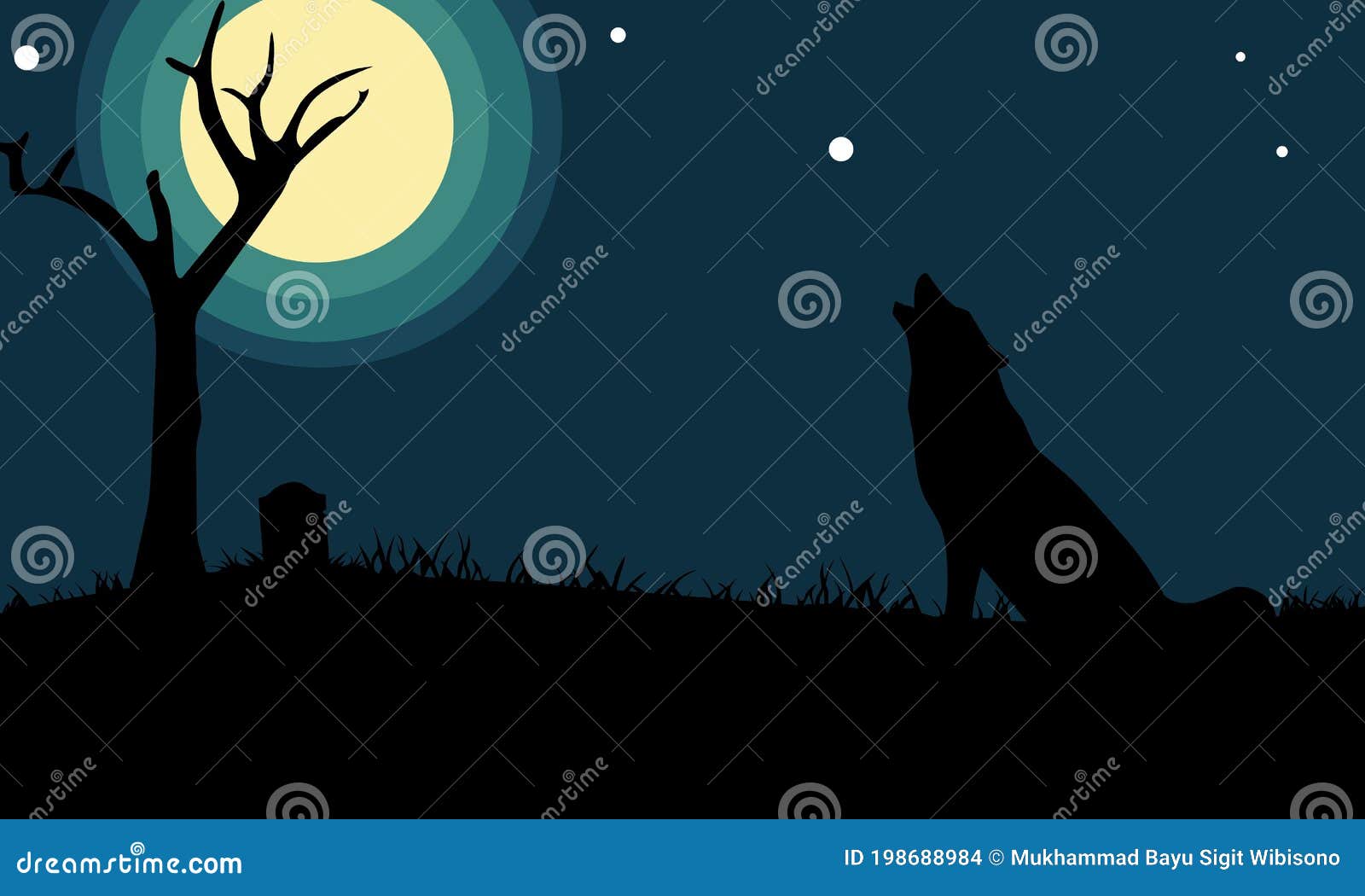 Silhouette Of A Wolf Howling At The Moon With Tree And A Headstone ...