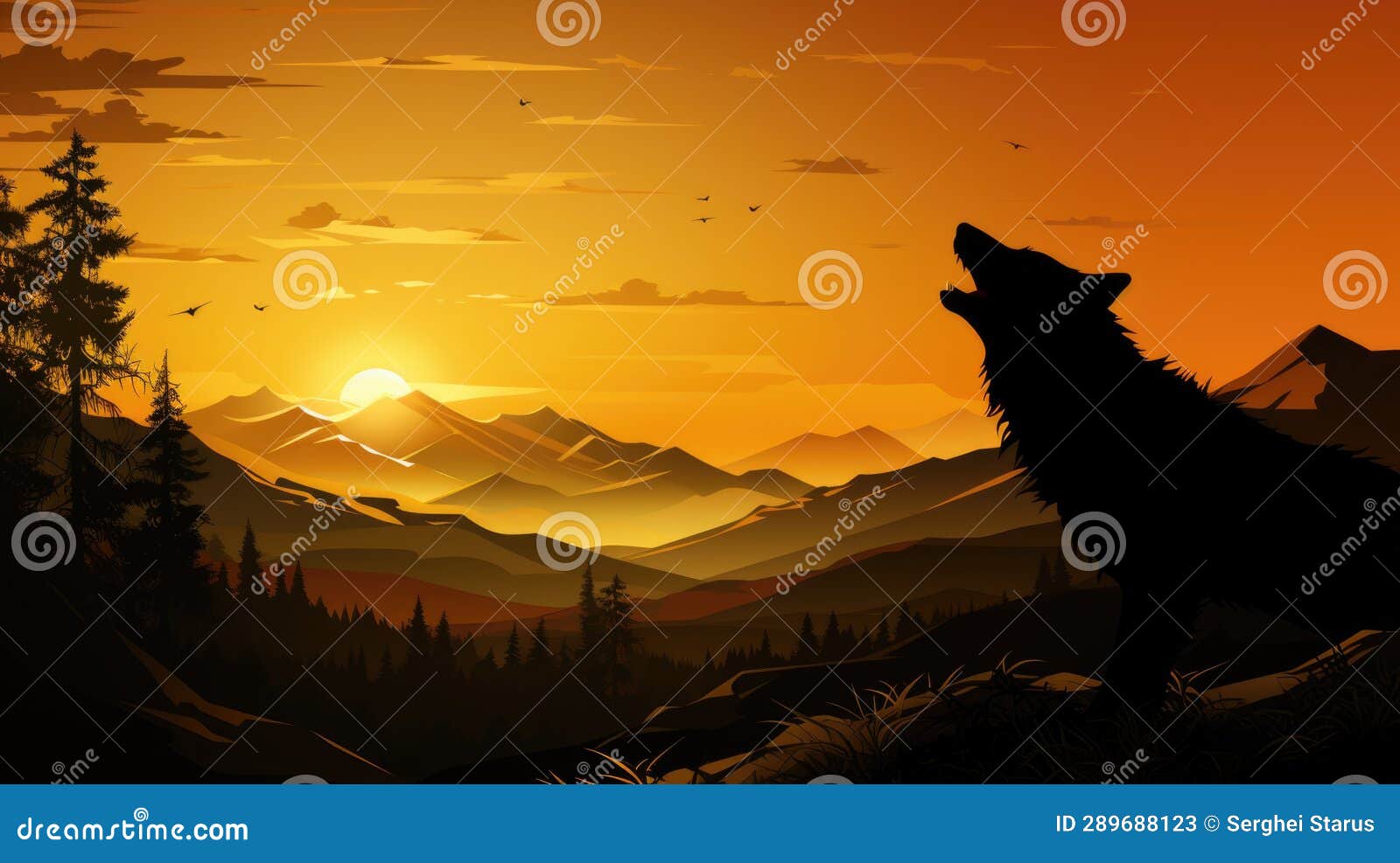 Silhouette of Wolf Howling at Sunset, AI Stock Illustration ...