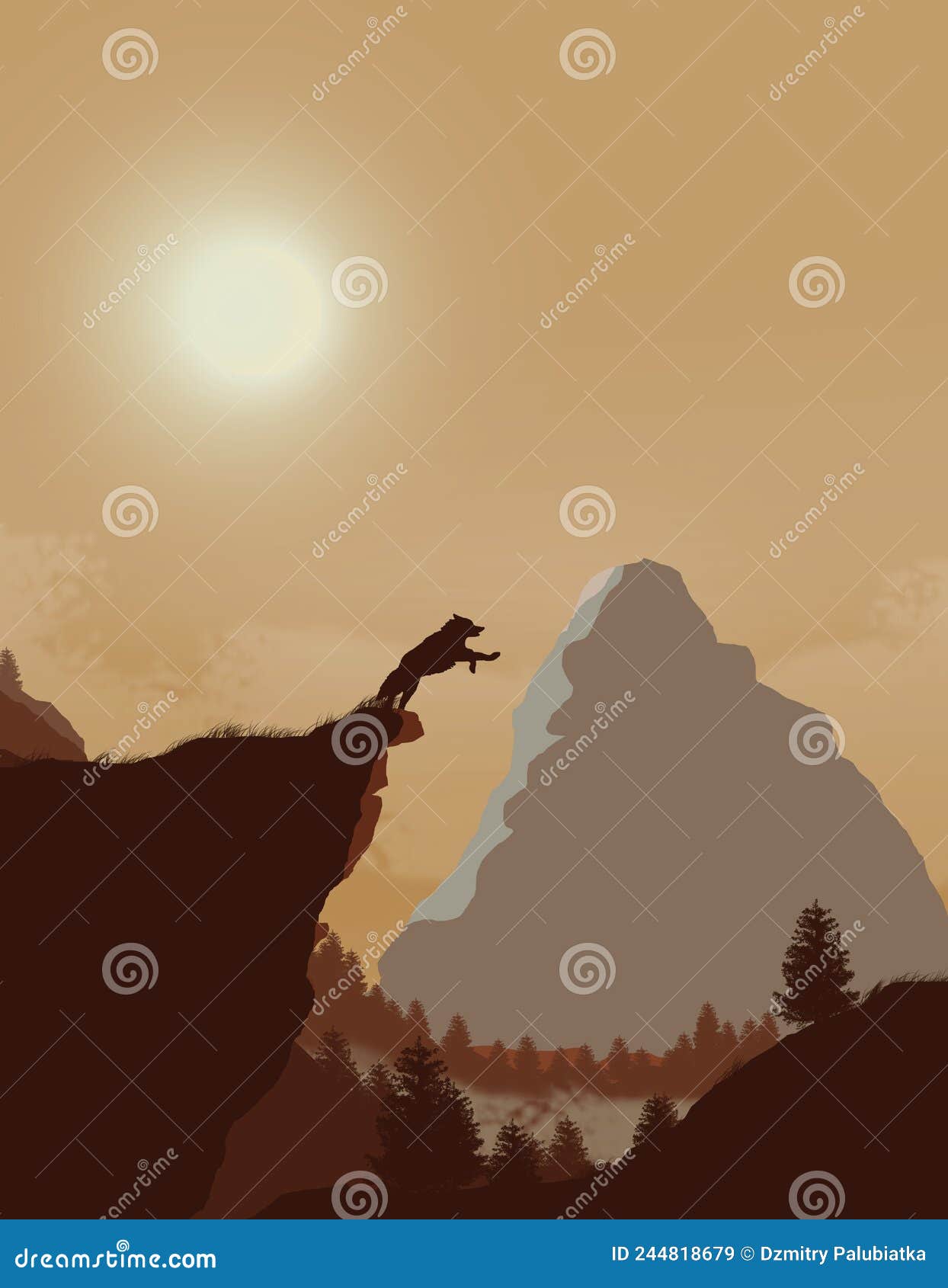 Silhouette of a Wolf Jumping Off a Cliff Stock Illustration ...