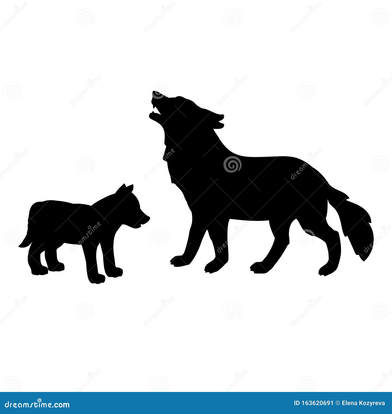 Silhouette of Wolf and Little Wolf Stock Vector - Illustration of black ...