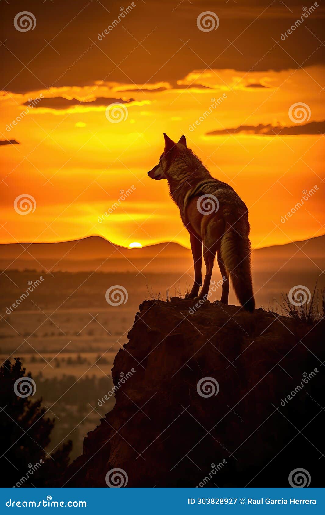Silhouette of a Wolf Standing on a Hillside at Sunset. Amazing Wildlife ...