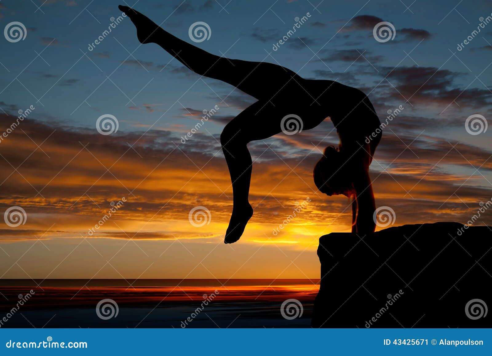 Silhouette of Woman Dancing Back Bend Legs Going Back by Water Stock ...