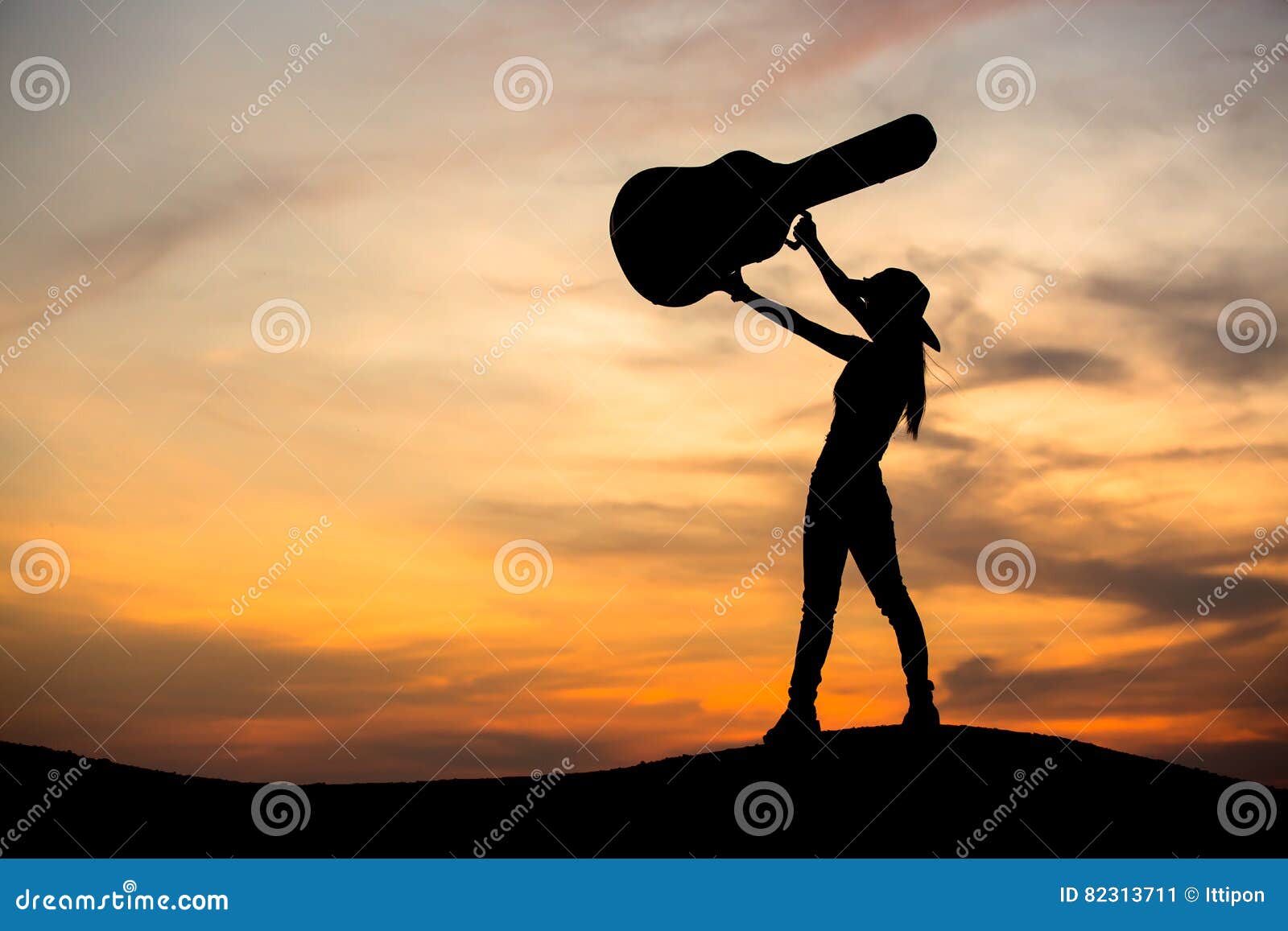 Silhouette of Woman with Guitar Stock Image - Image of case, twilight ...