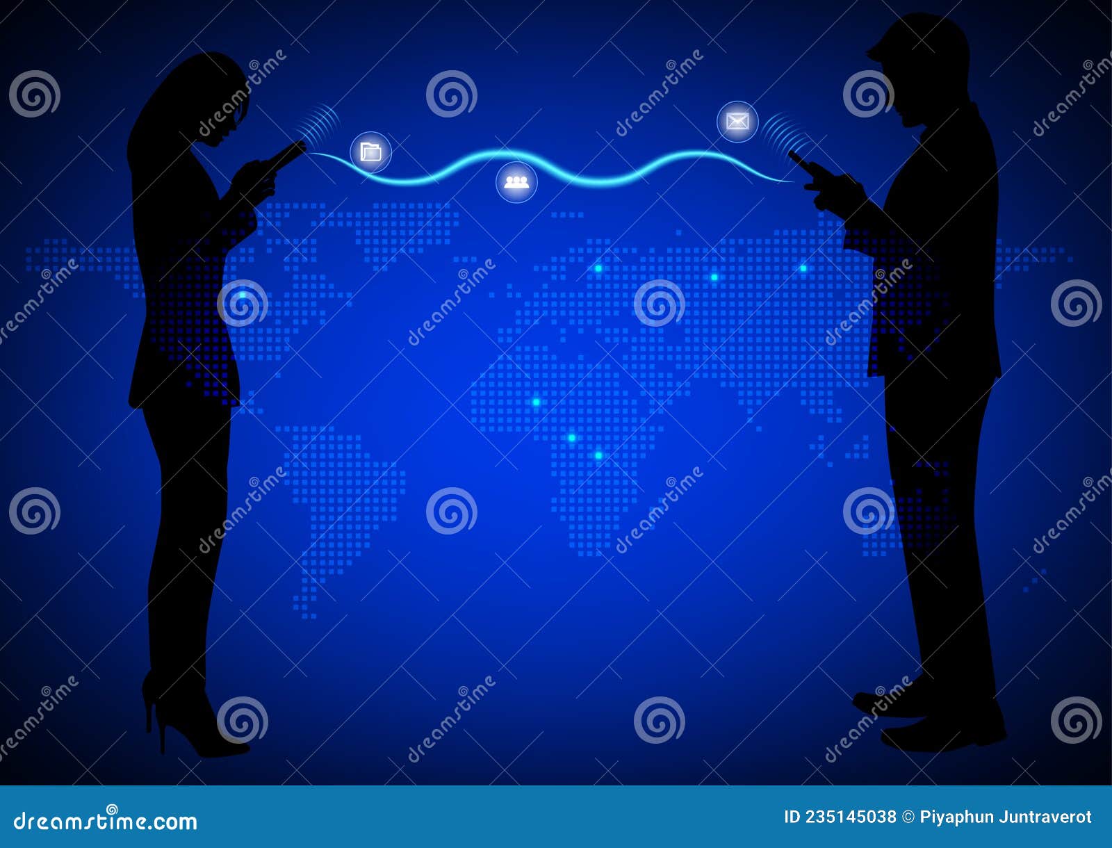 Silhouette Woman and Man Using Smartphone Connection Technology Concept ...