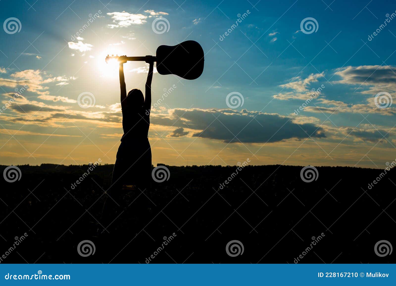 Silhouette Woman Playing Guitar in Sunset Stock Photo - Image of beauty ...