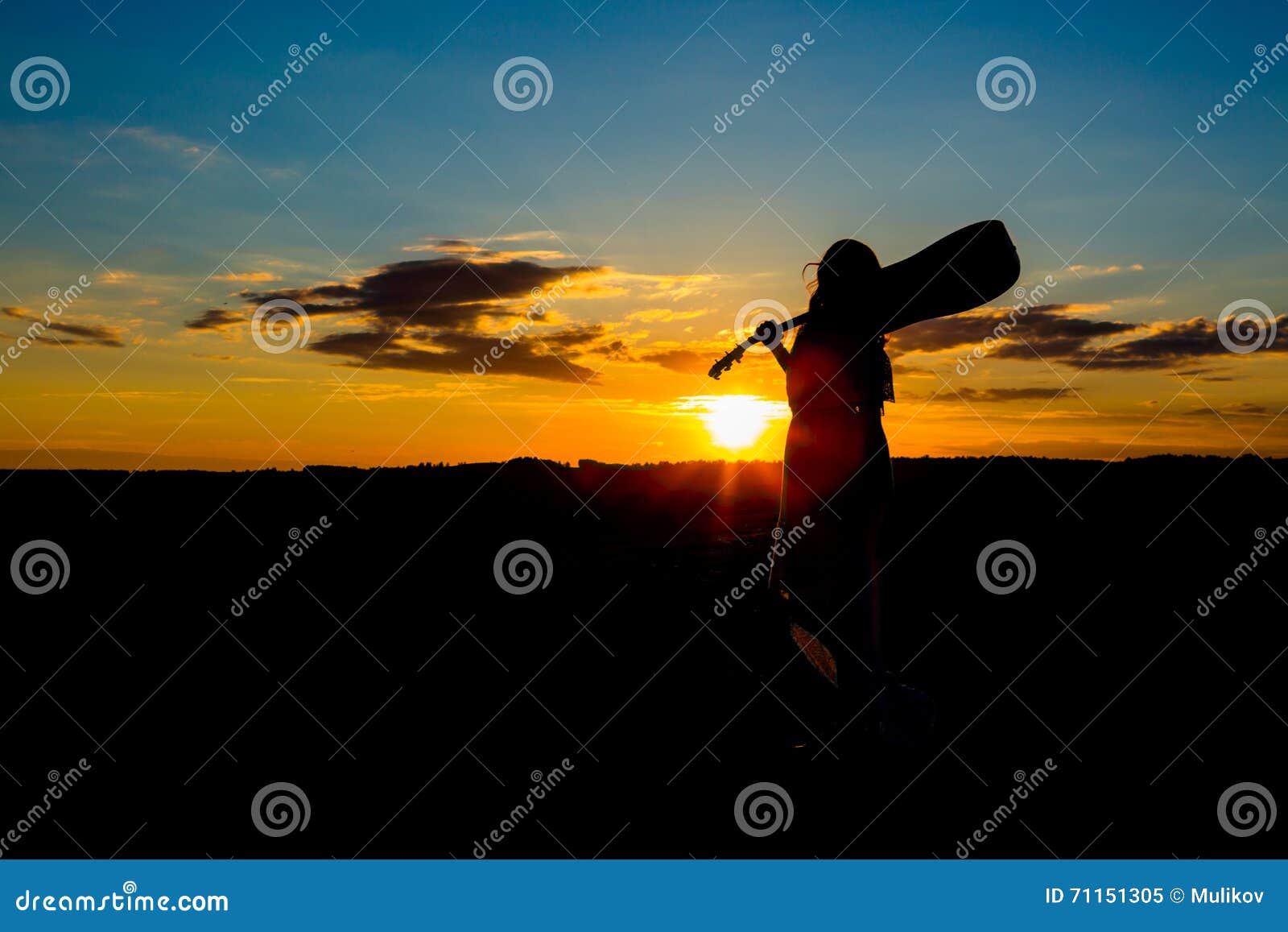 Silhouette Woman Playing Guitar in Sunset Stock Image - Image of surise ...