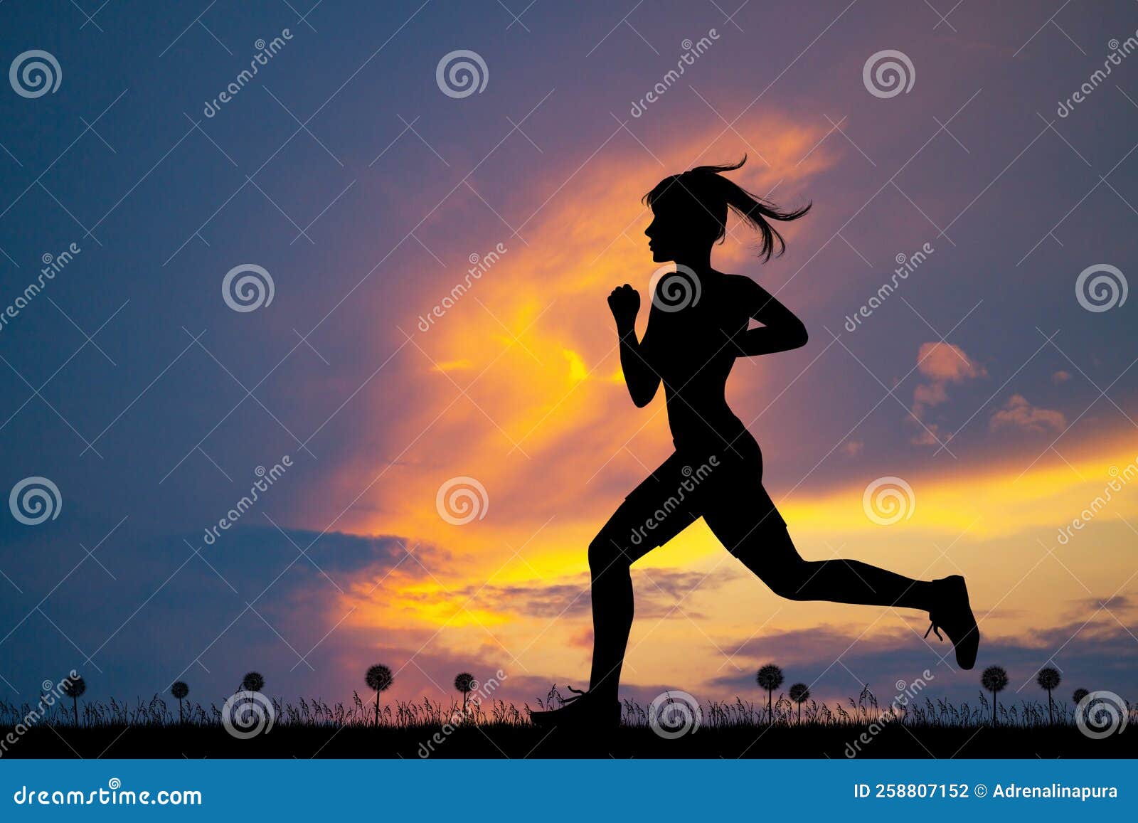 The Silhouette of Woman Run at Sunset Stock Illustration - Illustration ...