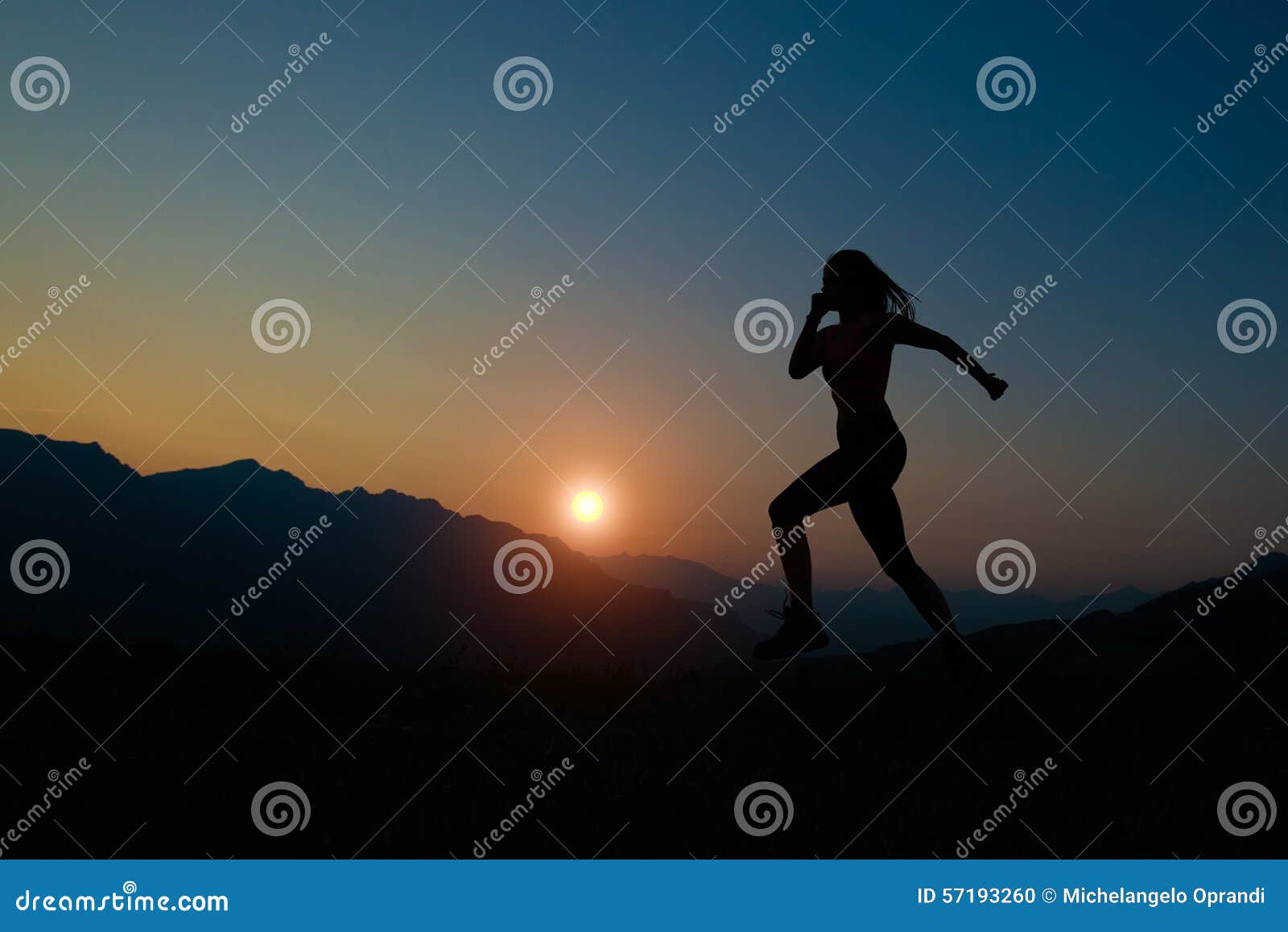 Silhouette of Woman Running at Sunset Stock Photo - Image of rock ...