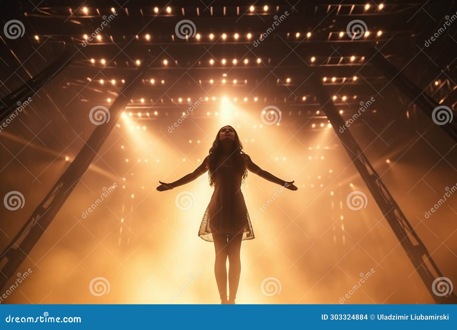 Silhouette of a Woman on Stage in the Rays of Spotlights. Generated by ...