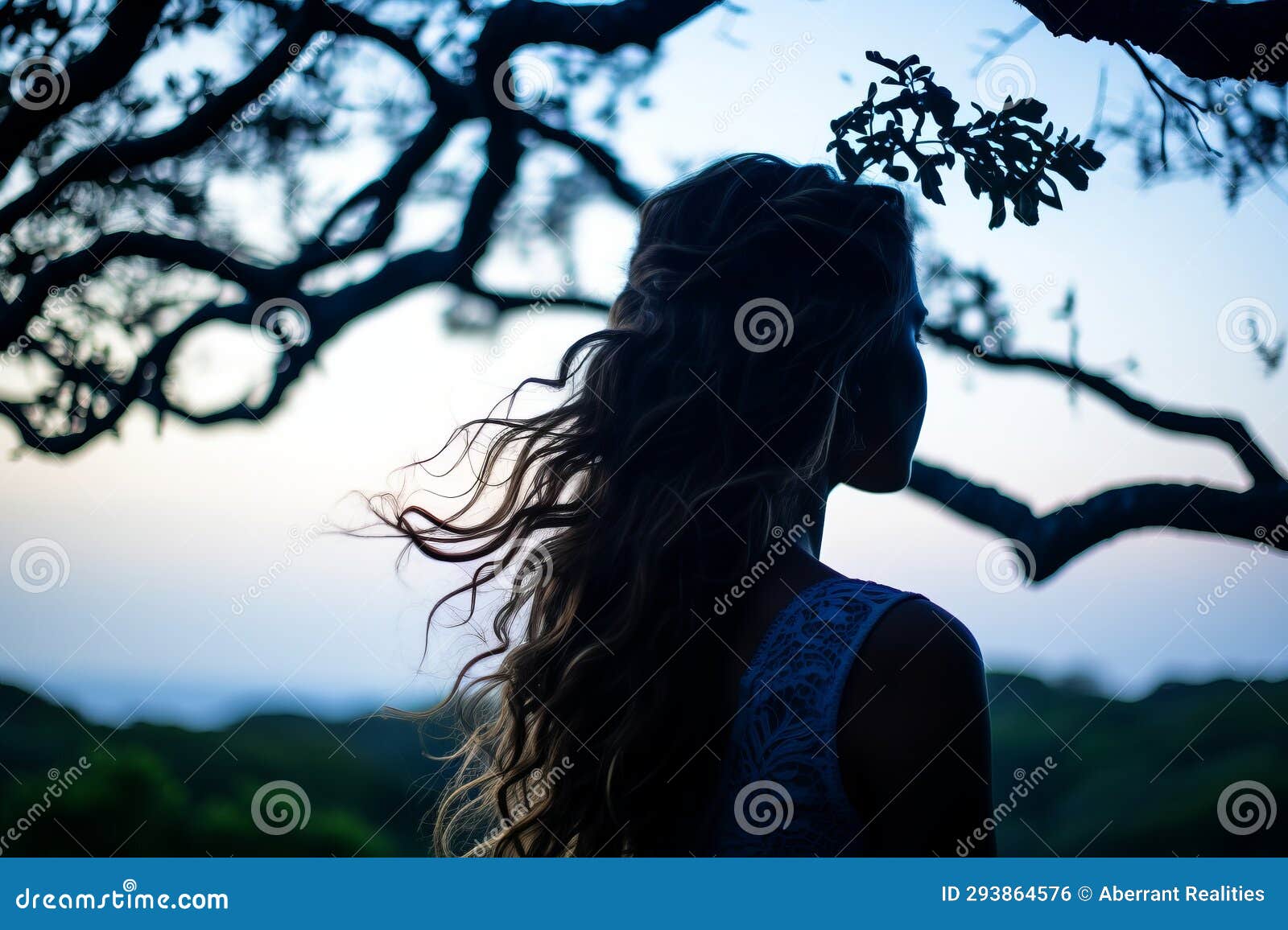 Silhouette Of A Woman Standing In Front Of A Tree Stock Illustration