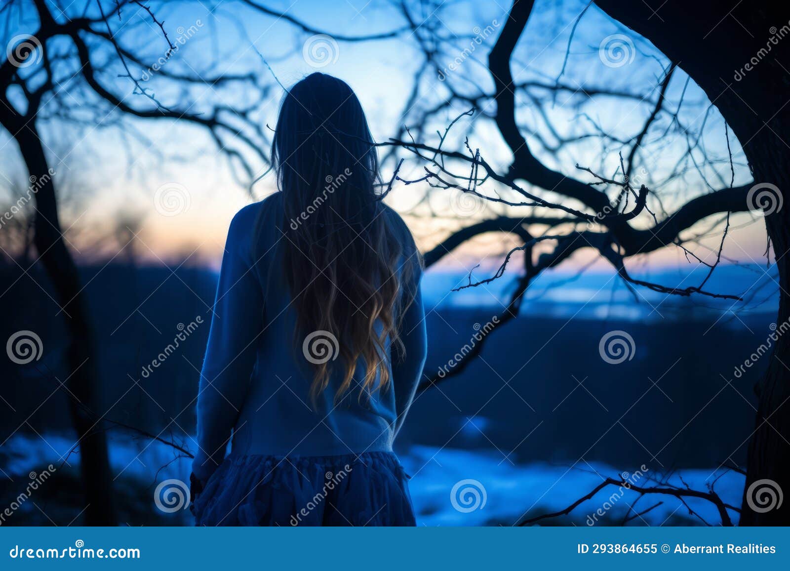 The Silhouette Of A Woman Standing In Front Of A Tree Stock