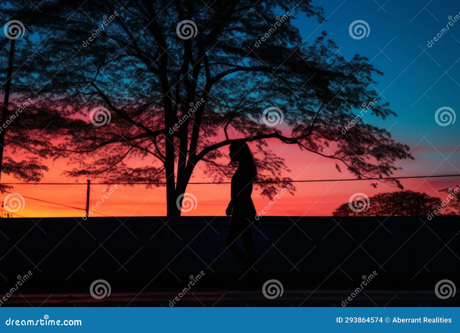 Silhouette Of A Woman Standing In Front Of A Tree At Sunset Stock