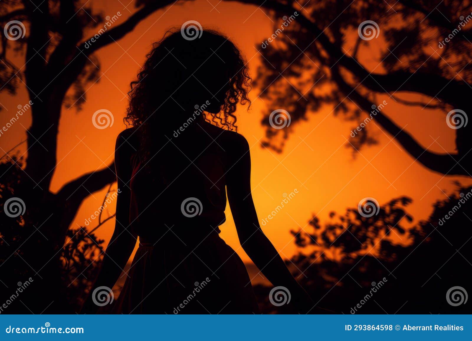 Silhouette Of A Woman Standing In Front Of Trees At Sunset Stock