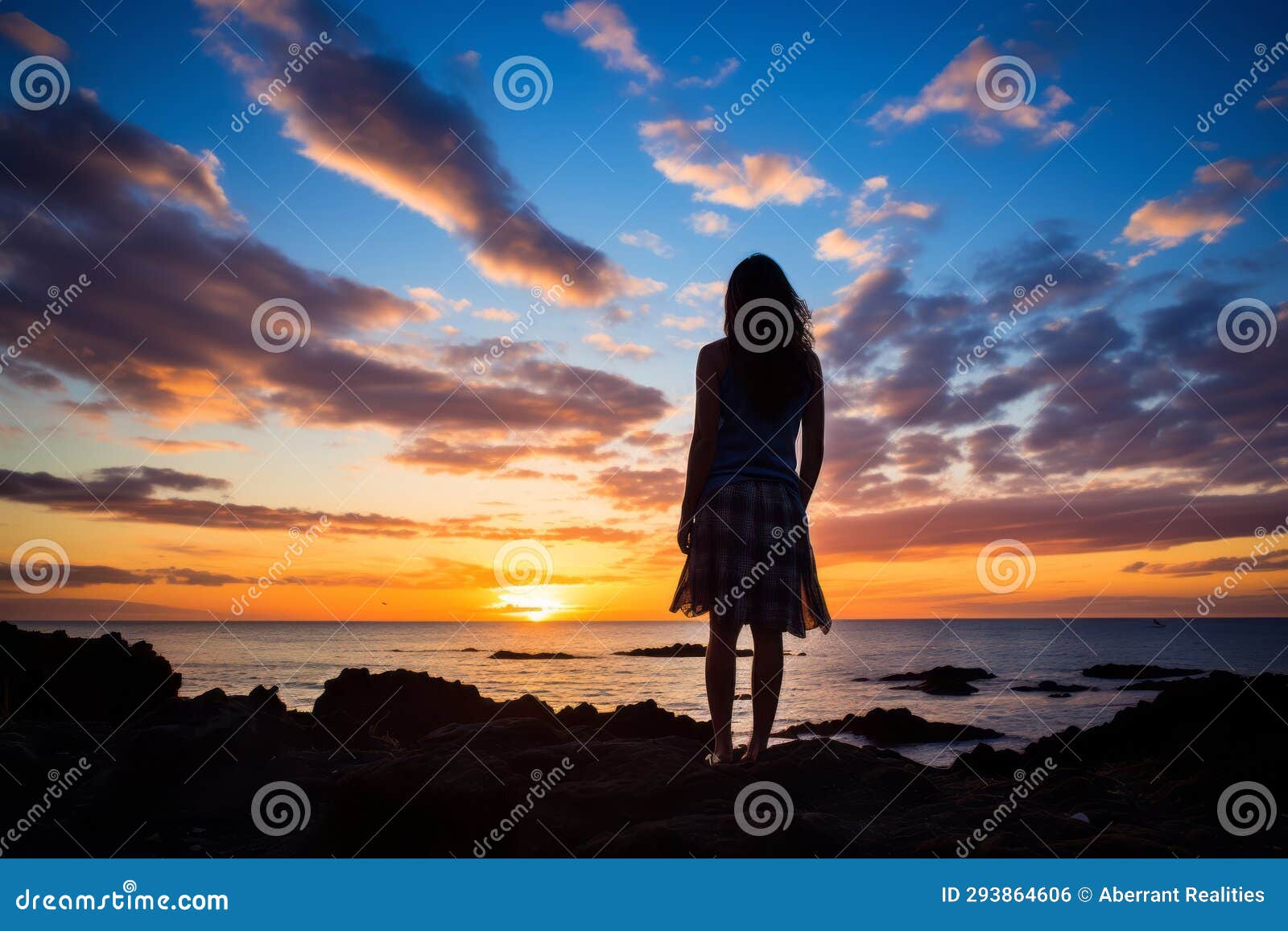 Silhouette of a Woman Standing on Rocks at the Beach at Sunset Stock ...