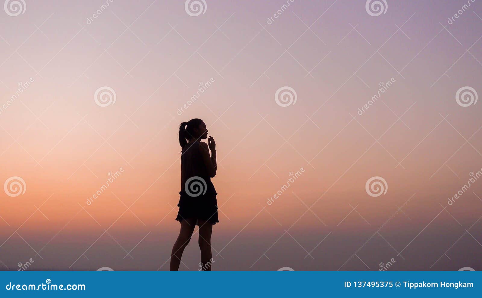 Silhouette of Woman Thinking at Sunset Stock Image - Image of ...