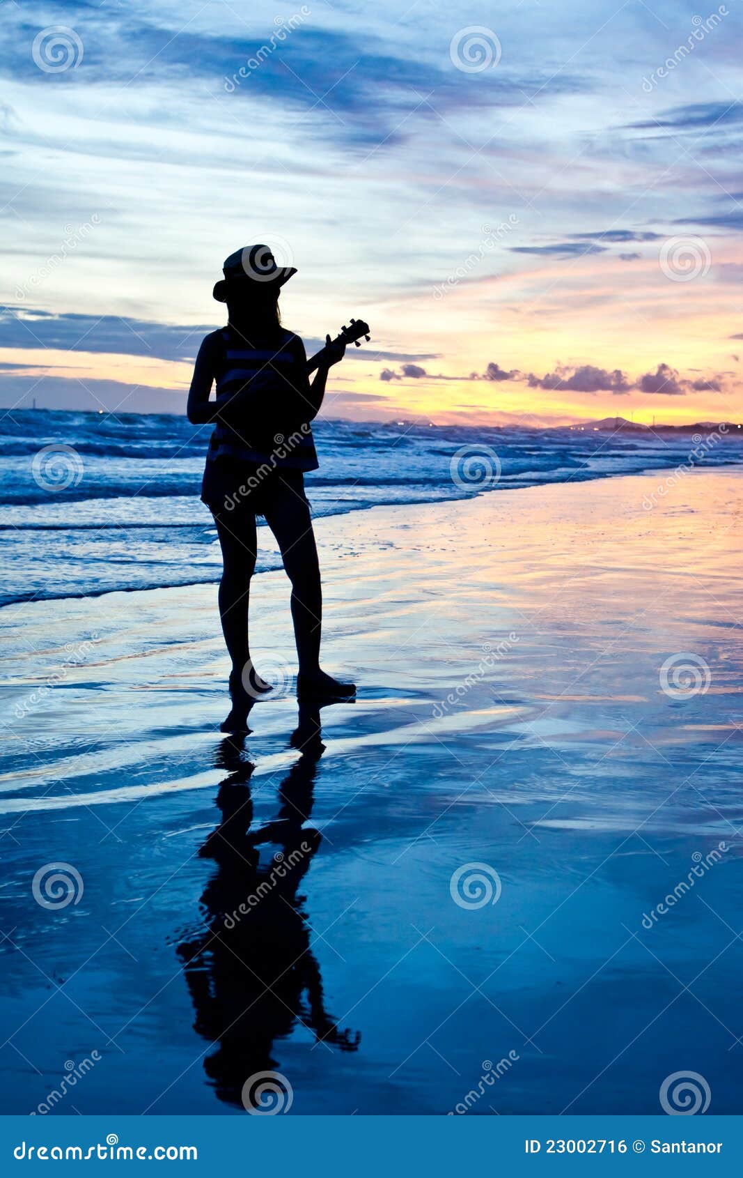 Silhouette of Woman with Ukulele on the Sunset Bea Stock Photo - Image ...