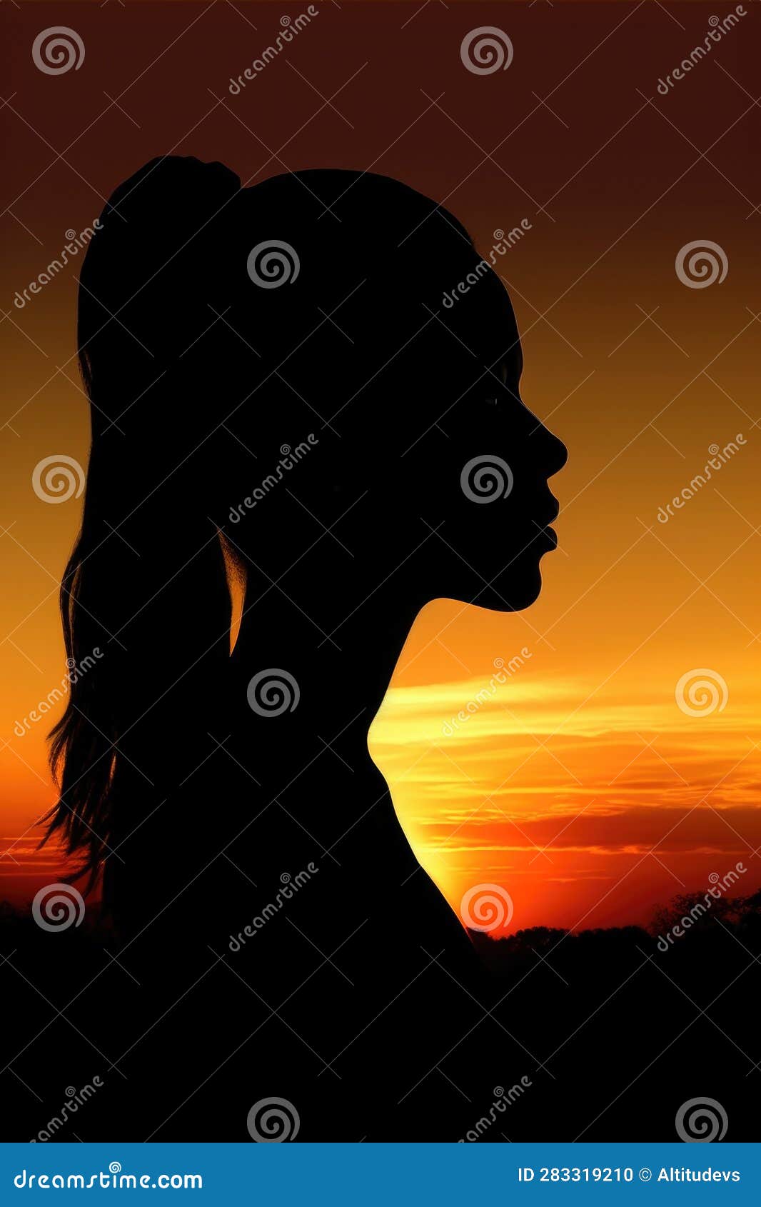Silhouette of a Womans Profile Against Sunset Stock Illustration ...