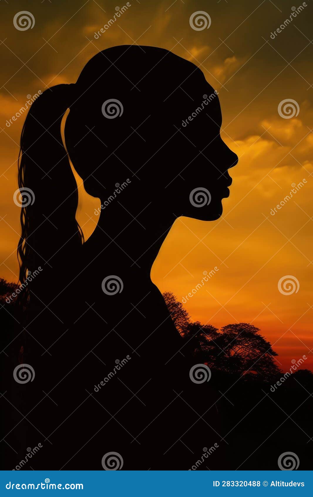 Silhouette of a Womans Profile at Sunset Stock Illustration ...