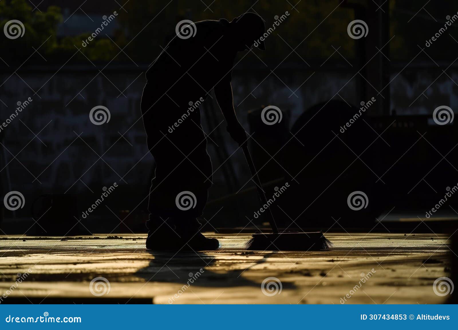 Silhouette of a Worker Brooming a Concrete Surface Stock Image - Image ...