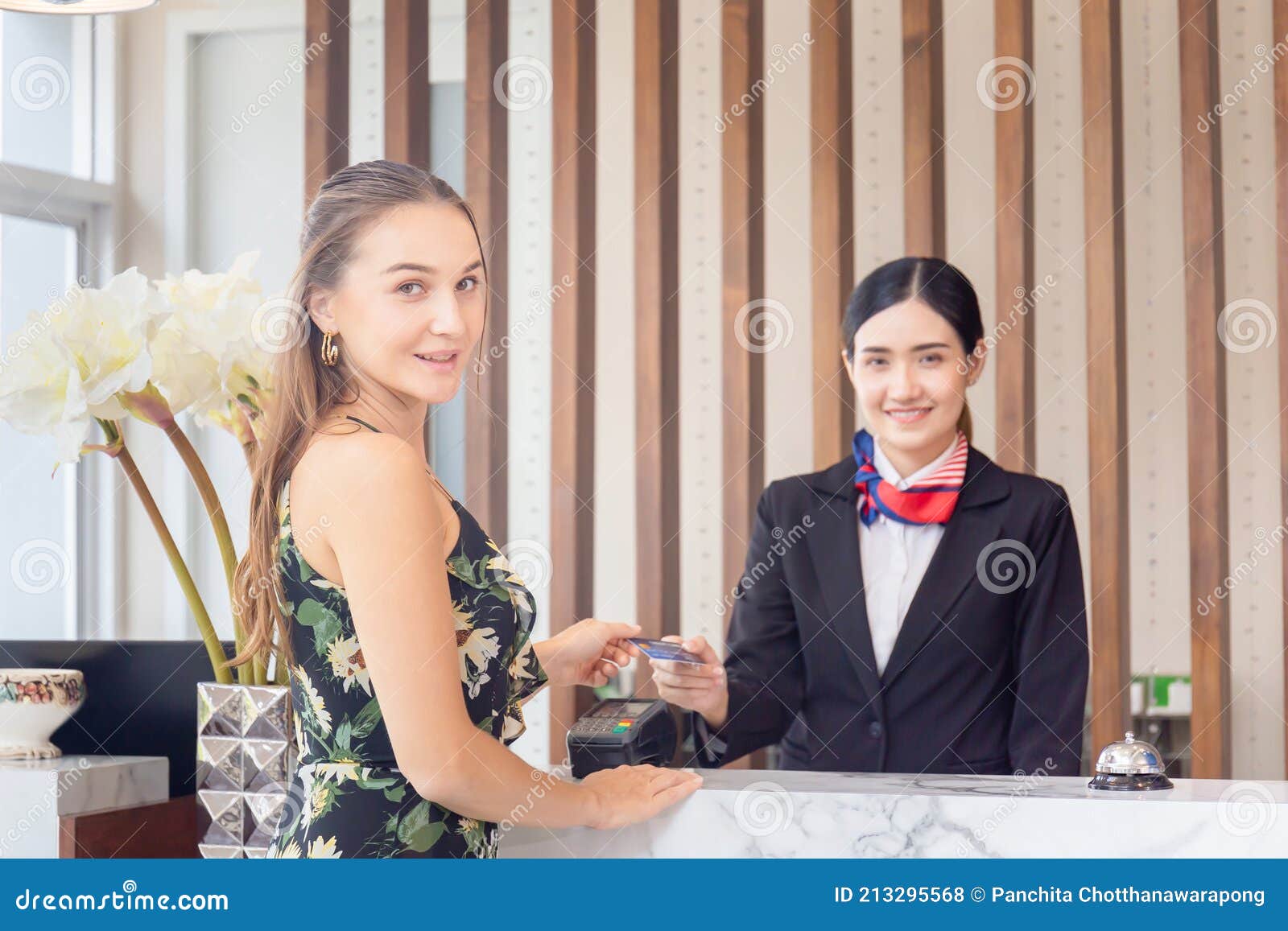 Happy Guest and Receptionist at Hotel Reception, Young Travellers ...