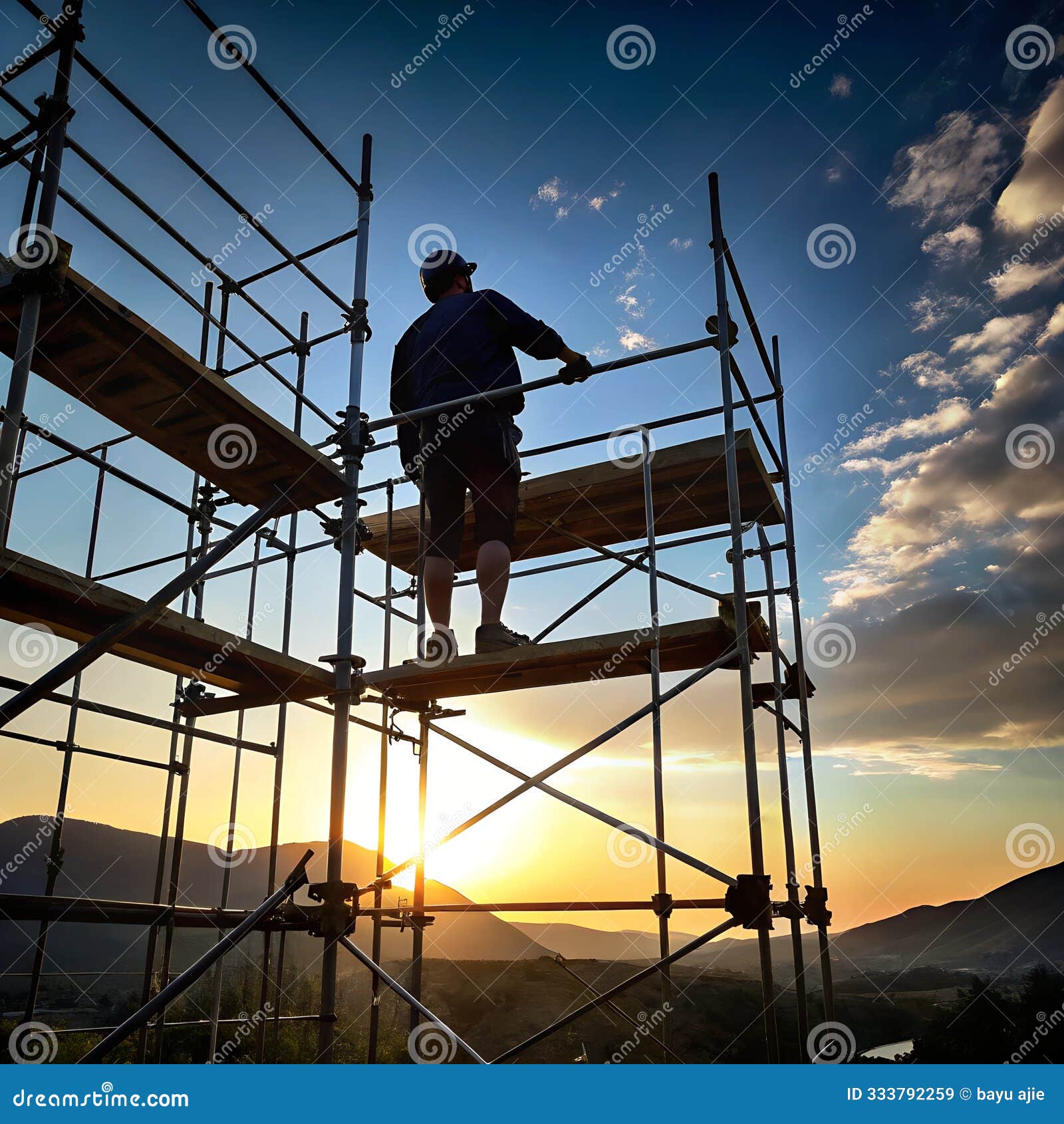 Silhouette of Worker on Scaffolding Working at Height, Sky Background ...