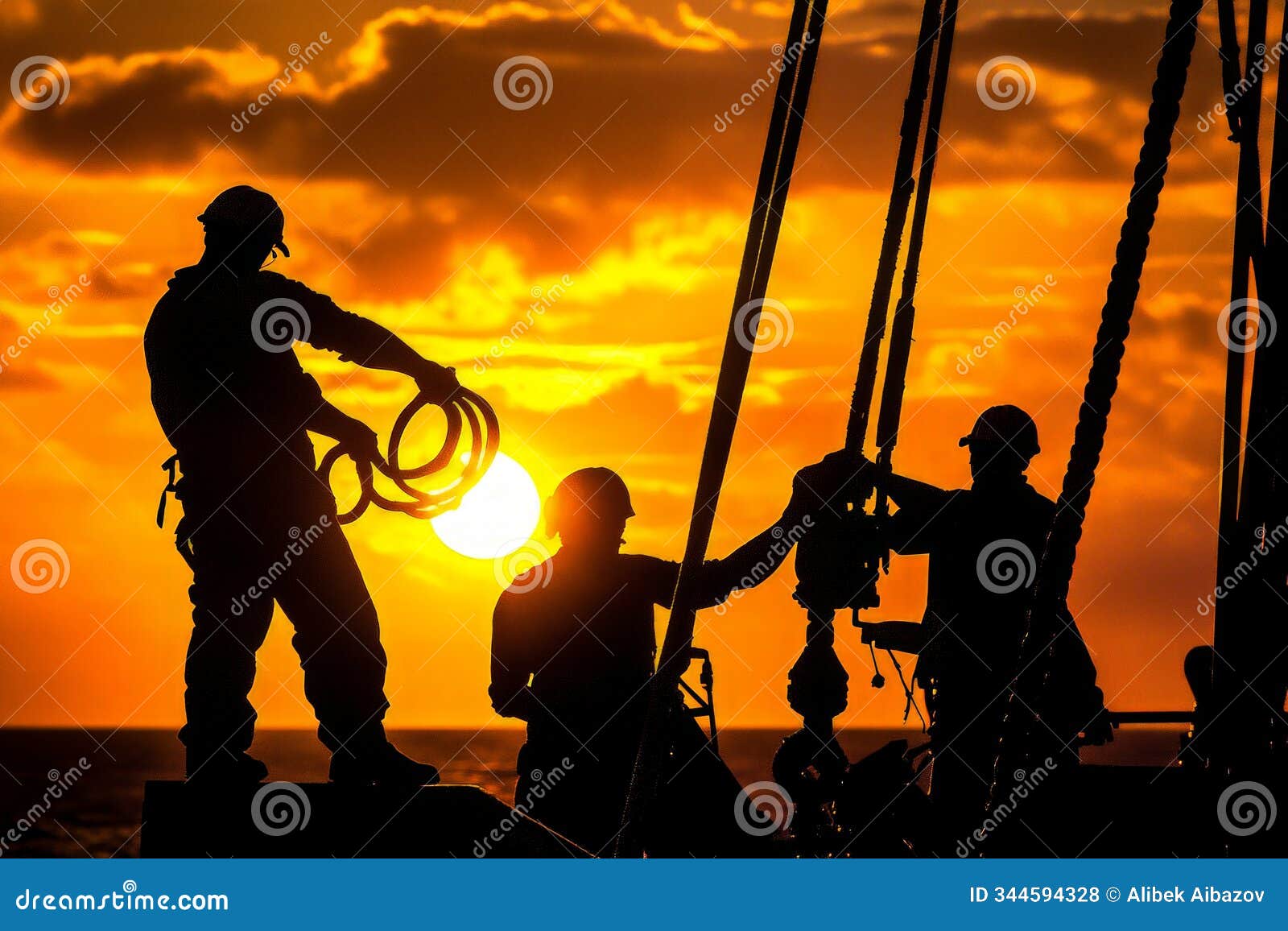 Silhouette of Workers on Offshore Oil Rig at Sunset Stock Illustration ...